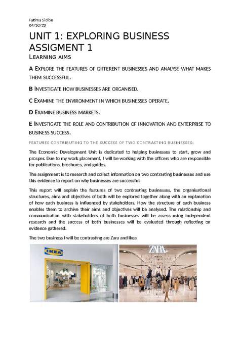 Exploring Business Assignment 1 0410 Unit 1 Exploring Business Assigment 1 Learning Aims A