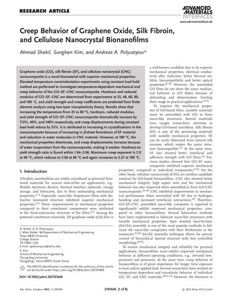 Creep Behavior Of Graphene Oxide Silk Fibroin And Cellulose Nanocrystal Bionanofilms Request Pdf