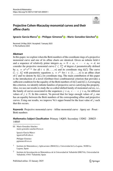 Pdf Projective Cohen Macaulay Monomial Curves And Their Affine Charts