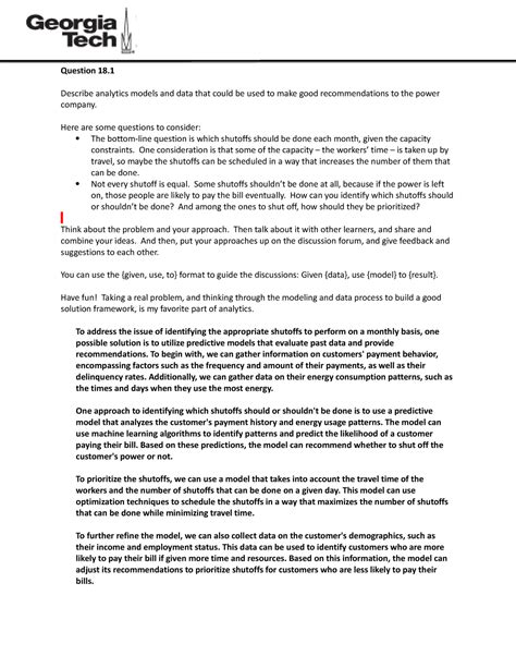 Question 18 Question 18 Describe Analytics Models And Data That Could Be Used To Make Good