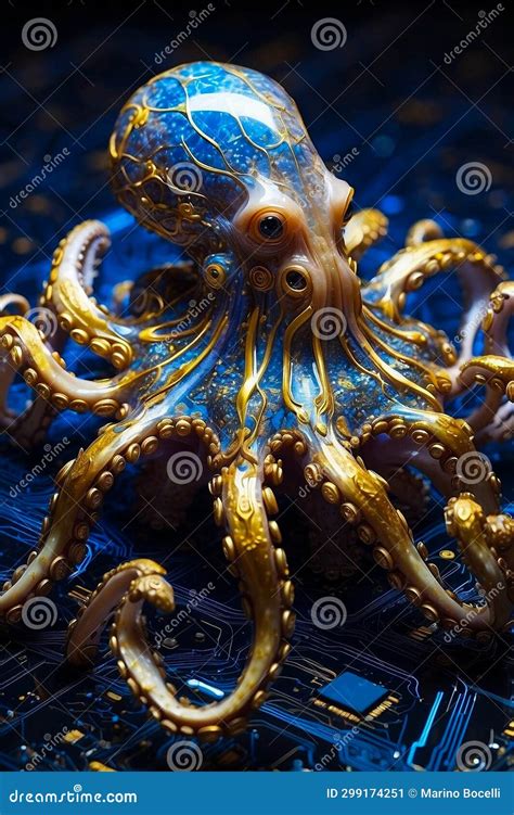 Image Of A Cybernetic Octopus Walking Over A Cpu Circuit Board Luminescent Circuits And