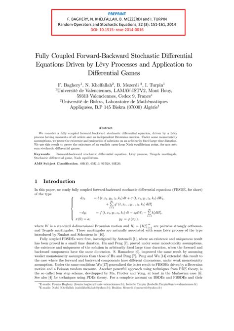 Pdf Fully Coupled Forward Backward Stochastic Differential Equations Driven By Lévy Processes