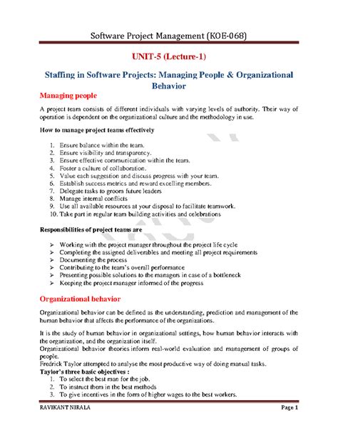 Spm Unit 5 Lecture Notes On Project Staffing And Organizational Behavior