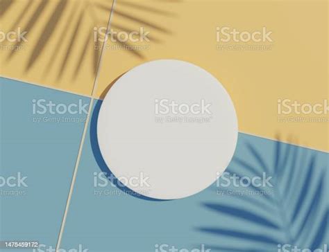 3d는 야자수 잎과 흰색 파란색 배경의 그림자가 있는 제품을 모형하고 표시하기 위해 흰색 빈 실린더 프레임의 평면도를 렌더링합니다 0명에 대한 스톡 사진 및 기타 이미지