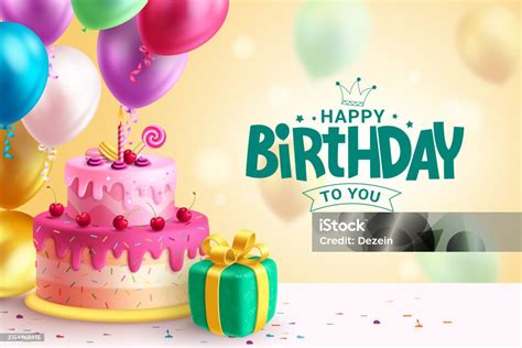 생일 축하 인사말 벡터 디자인입니다 딸기 케이크 선물 상자 풍선 장식 요소가 있는 생일 인사말 텍스트 0명에 대한 스톡 벡터 아트 및 기타 이미지 Istock