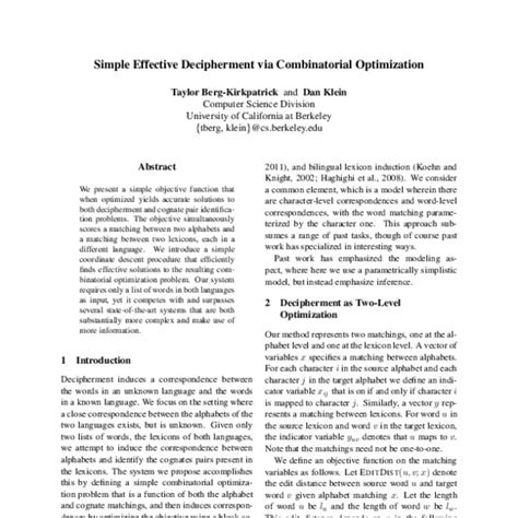 Simple Effective Decipherment Via Combinatorial Optimization Acl Anthology