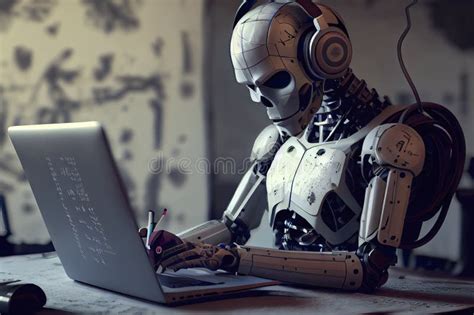 3d Rendering Humanoid Robot Working With Headset And Notebook Stock Illustration Illustration