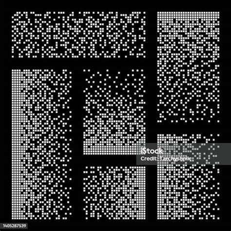 픽셀 분해 감쇠 효과 사각형 모양으로 만들어진 다양한 직사각형 요소 분산된 점선 패턴 간단한 입자가있는 모자이크 질감 벡터 일러스트레이션 가리키기에 대한 스톡 벡터 아트 및