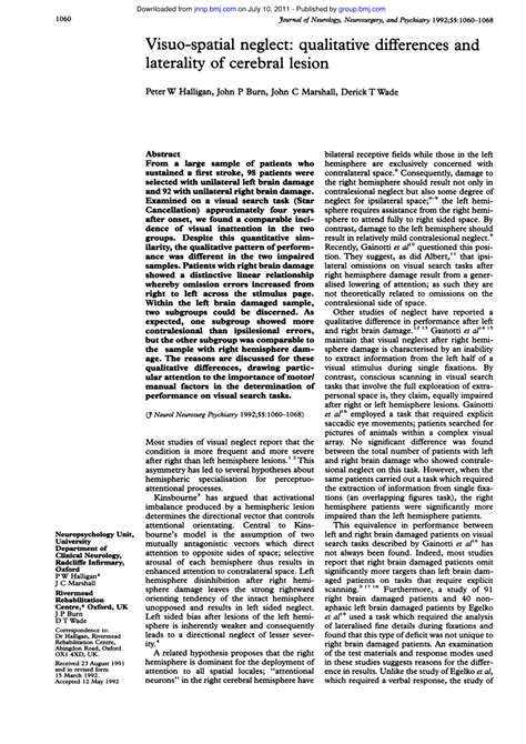 Pdf Visuo Spatial Neglect Qualitative Differences And Laterality Of Cerebral Lesion