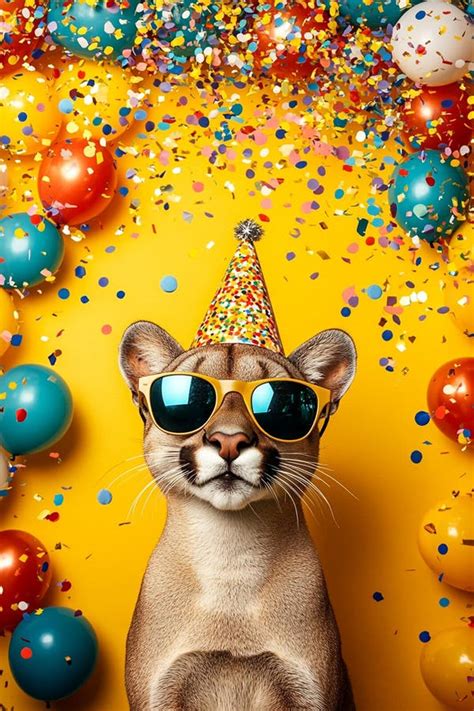 Party Animal Colorful Photo Of Funny Happy Puma On Colorful