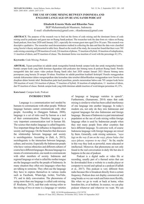 Pdf The Use Of Code Mixing Between Indonesia And English Language On Ruang Sandi Podcast