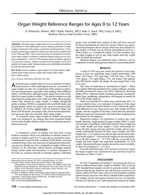 Organ Weight Reference Ranges For Ages 0 To 124 Pdf Autopsy