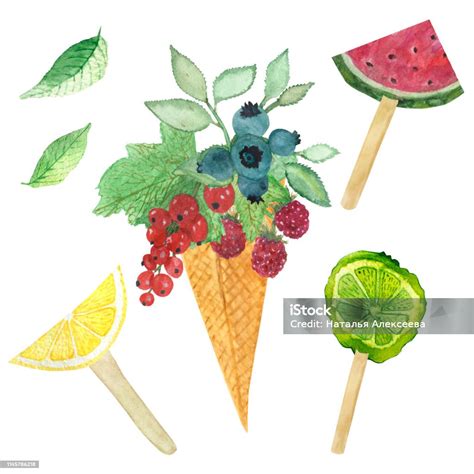 수채화 손으로 그린 과일 아이스크림은 잎 민트 열매 라임 박 레몬 막대기와 경적과 텍스트를 위한 공간으로 설정 0명에 대한 스톡 벡터 아트 및 기타 이미지 Istock