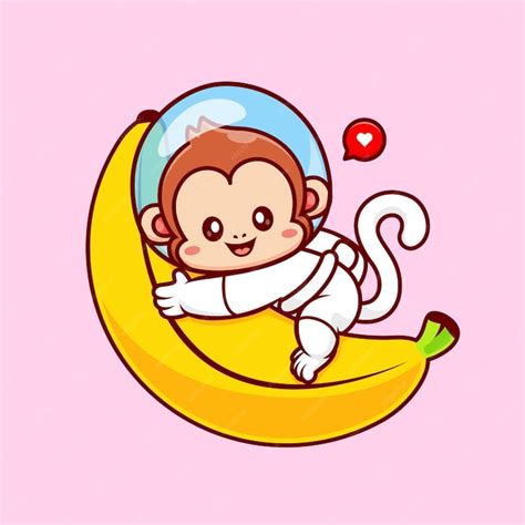귀여운 원숭이 우주 비행사는 바나나 만화 벡터 아이콘 그림에 누워 동물 음식 아이콘 플랫 절연 프리미엄 벡터