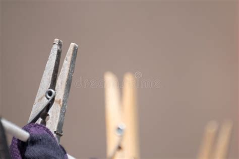 Close Up Of Clothing Pegs Holding Washing On The Wash Line Stock Image Image Of Clothesline