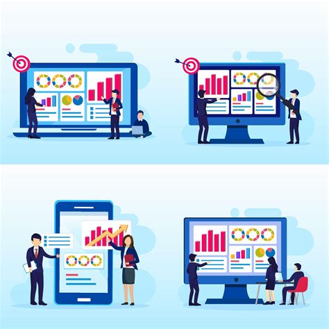 Modern Flat Design Of Data Analysis Concept People Work In Front Of A