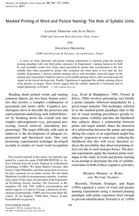 Pdf Masked Priming Of Word And Picture Naming The Role Of Syllabic Units
