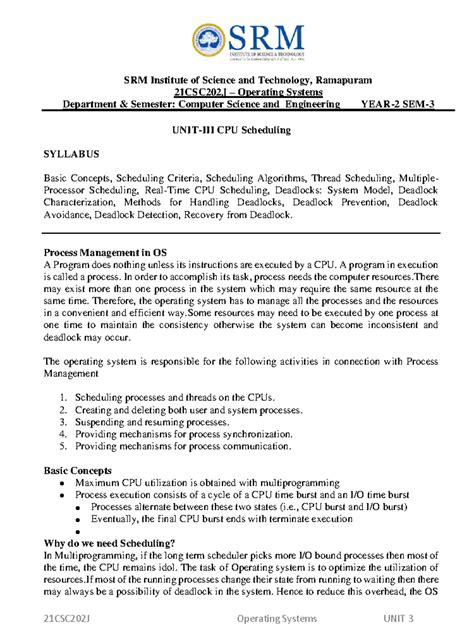 21CSC202J Operating Systems UNIT 1 Introduction To OS Concepts Studocu