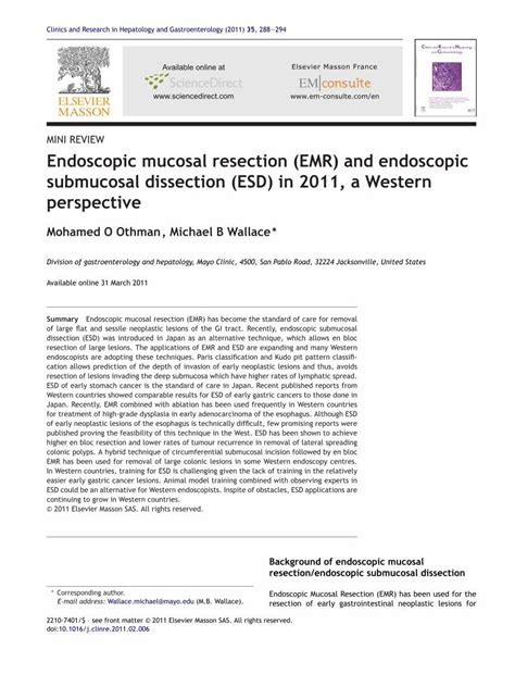 Pdf Endoscopic Mucosal Resection Emr And Endoscopic Submucosal