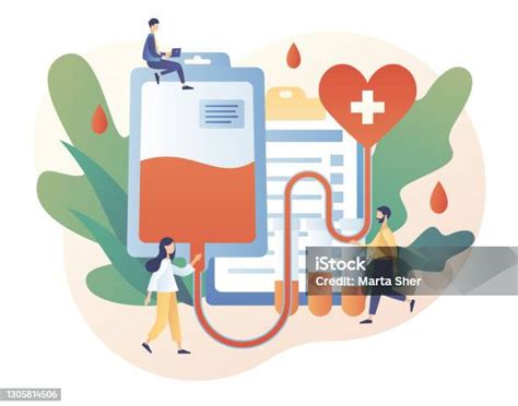 헌혈 개념 혈액 검사 또는 분석 임상 실험실 검사 간호사와 작은 자원 봉사자 병원에서 혈액을 기증 의료 현대 플랫 만화 스타일 벡터 일러스트레이션 간호사에 대한 스톡 벡터