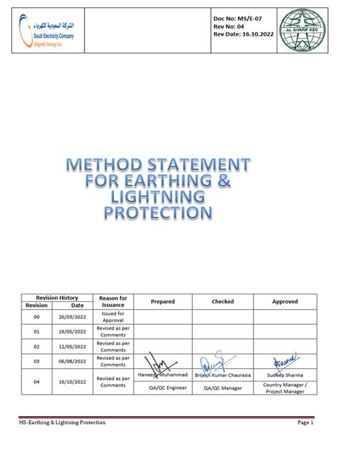 E7 Method Statement For Earthing And Lightning Protection Pdf