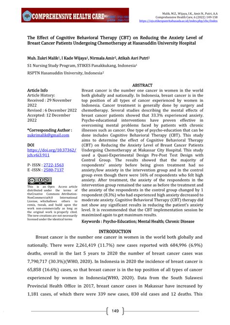 Pdf The Effect Of Cognitive Behavioral Therapy Cbt On Reducing The Anxiety Level Of Breast