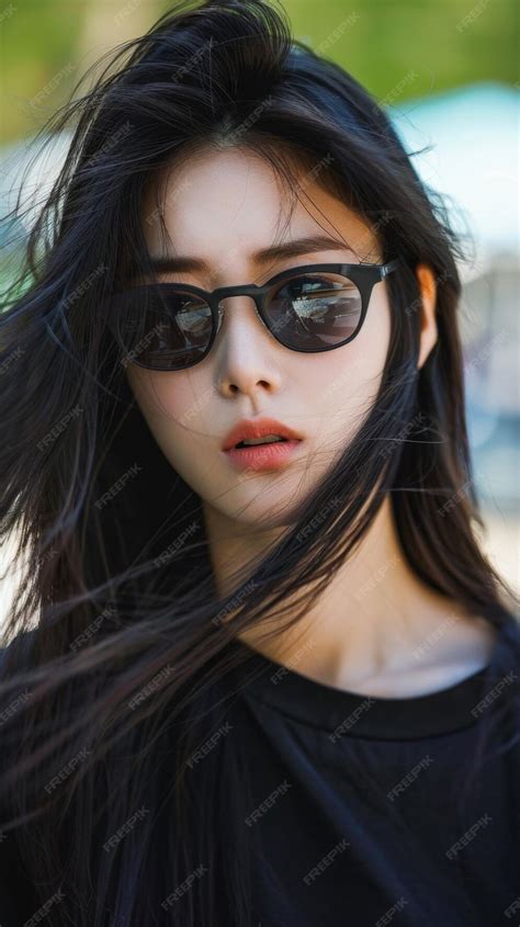 Premium Photo Beauty Young Asian Female Black Long Hair Wearing T Shirt Sunglasses