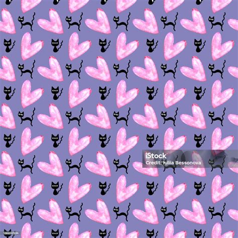하트와 고양이와 귀여운 매끄러운 패턴 배경 포장지 포장 인사말 카드 인쇄물 커버 직물 직물 생일 발렌타인 데이를위한 낭만적 인