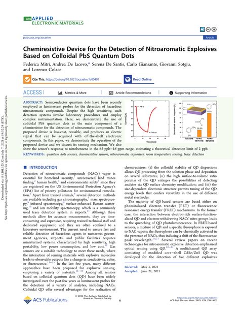 Pdf Chemiresistive Device For The Detection Of Nitroaromatic Explosives Based On Colloidal Pbs