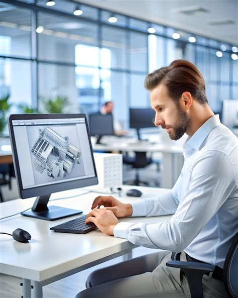 Engineer Using Cad Software In Modern Workspace Precision And Technical Skills Emphasized In