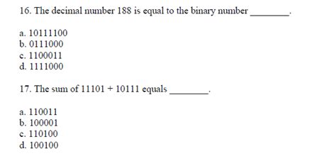 solved 16 the decimal number 188 is equal to the binary