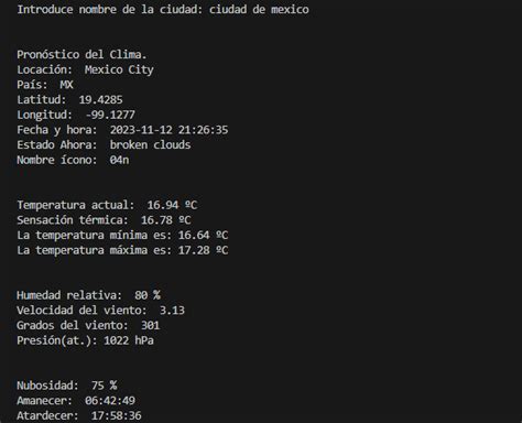 Python Aplicación Pronóstico del Clima salida en consola