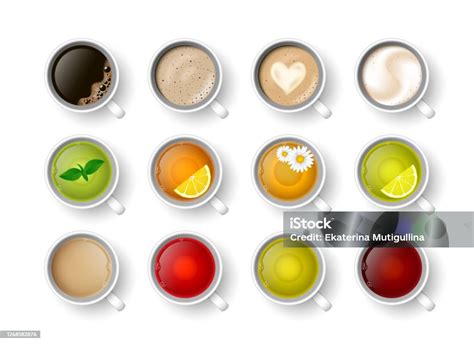 사실적인 벡터 3d 컵의 뜨거운 음료 세트 녹 블랙 레몬 차 민트 허브 카모마일 차 루이보스 마살라 차 커피 구색 카푸치노 라떼 에스프레소 아메리카노 탑 뷰 차 뜨거운