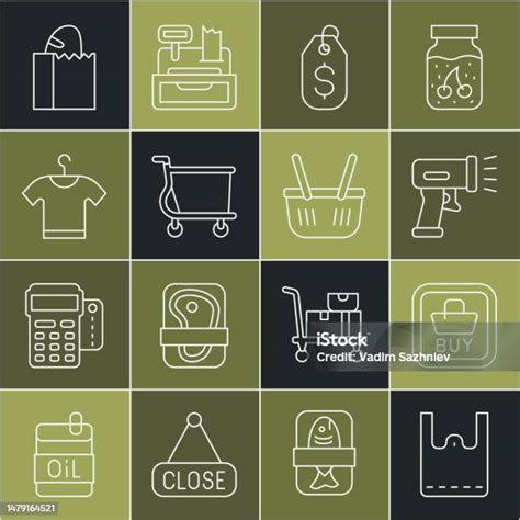 라인 종이 쇼핑백 구매 버튼 스캐너 스캔 바코드 달러가 있는 가격표 쇼핑 카트 티셔츠 빵 덩어리 및 바구니 아이콘을 설정합니다 벡터 아이콘에 대한 스톡 벡터 아트 및 기타