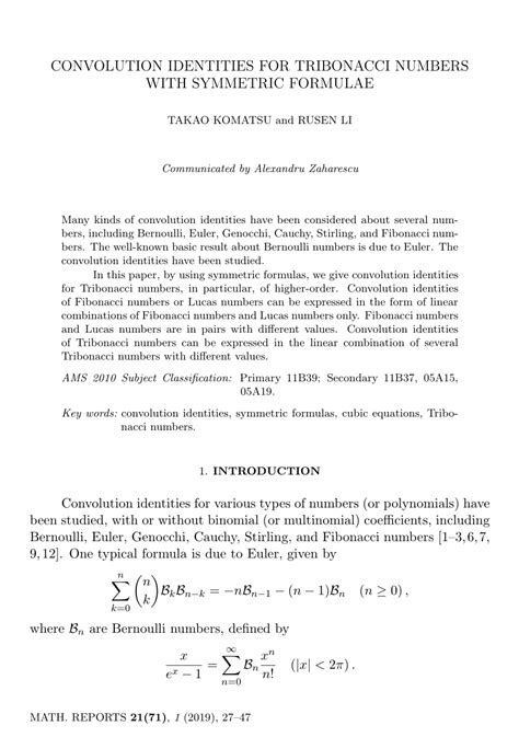 Pdf Convolution Identities For Tribonacci Numbers