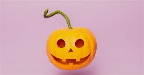 행복한 얼굴과 긴 줄기가 최소한의 분홍색 배경에 떠 있는 할로윈 호박 가을과 마녀의 밤 개념 3d 렌더링 사진 Unsplash의 10월 이미지