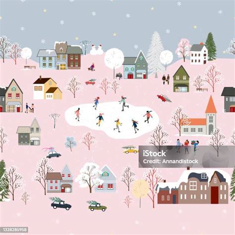 동화 집 소나무 아이스 스케이트를 치는 아이들 크리스마스에 마을 사람들 축하 벡터 반복 플랫 디자인 휴일 배경 2022와 마을에서 매끄러운 패턴 귀여운 겨울 원더 랜드