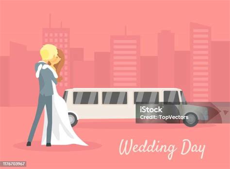 결혼식 날 행복한 그냥 결혼 로맨틱 커플 문자 옆에 서 흰색 리무진 벡터 일러스트 결혼 의식에 대한 스톡 벡터 아트 및 기타 이미지 결혼 의식 결혼식 귀여운 Istock
