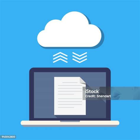 노트북과 클라우드 스토리지입니다 파일 동기화의 개념입니다 보안 문서를 저장 합니다 평면 벡터 일러스트 절연입니다 컴퓨터에 대한 스톡 벡터 아트 및 기타 이미지 Istock