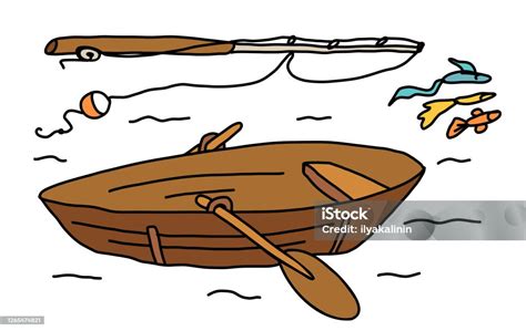 Memancing Di Atas Kapal Pancing Liburan Musim Panas Di Tepi Sungai Sketsa Yang Digambar Dengan