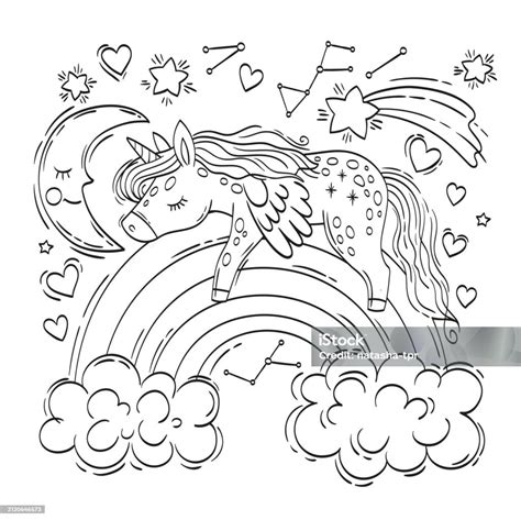 귀여운 유니콘이 구름과 달로 둘러싸인 무지개 위에서 자고 있습니다 아이들을 위한 벡터 일러스트 색칠하기 책 0명에 대한 스톡
