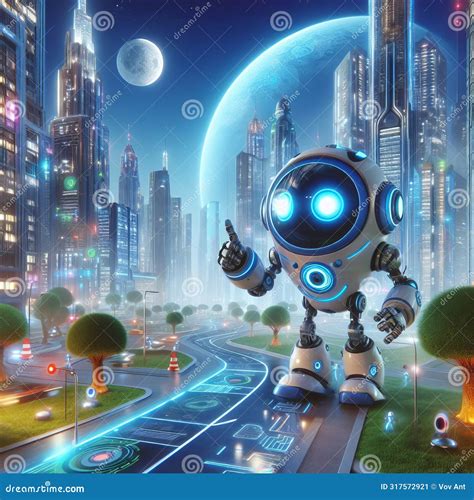 Friendly Robots Exploring Futuristic Cities Photo V Stock Image