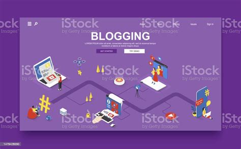 블로깅 개념 3d 아이소메트릭 랜딩 페이지 템플릿입니다 사람들은 기사를 작성하고 비디오를 녹화하며 온라인 블로그의 게시물에 대해 다양한 콘텐츠를 만듭니다 아이소메트리 그래픽