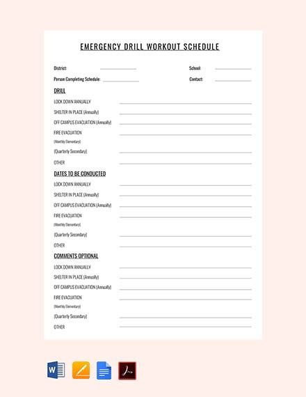 Free Emergency Drill Workout Schedule Template Word Apple Pages