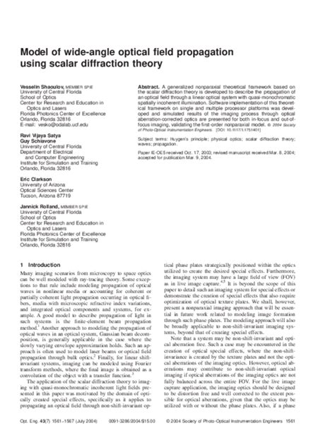 Pdf Model Of Wide Angle Optical Field Propagation Using Scalar