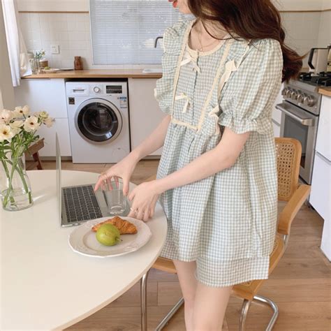 라벨르오브 라벨르오브 면 체크 프릴 퍼프 그린 투피스 홈웨어 파자마 잠옷 상하의세트 위시버킷