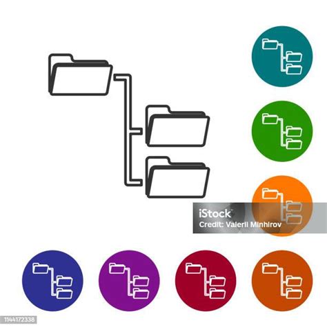 회색 폴더 트리 라인 아이콘 흰색 배경에 고립 컴퓨터 네트워크 파일 폴더 구성 순서도 컬러 서클 버튼에 아이콘을 설정 합니다 벡터 일러스트 0명에 대한 스톡 벡터 아트 및