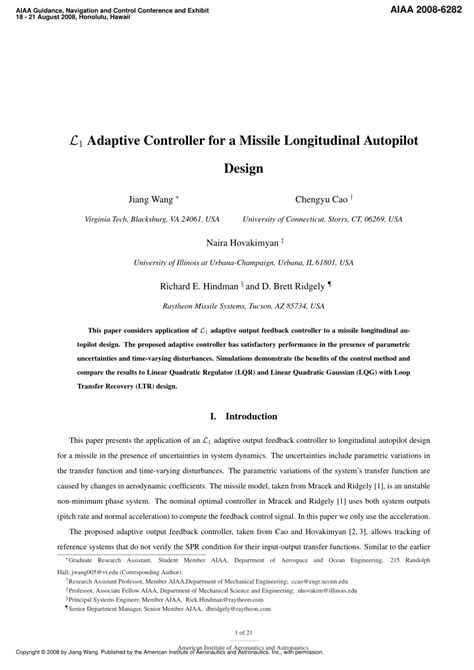 Pdf L1 Adaptive Controller For A Missile Longitudinal Autopilot Design