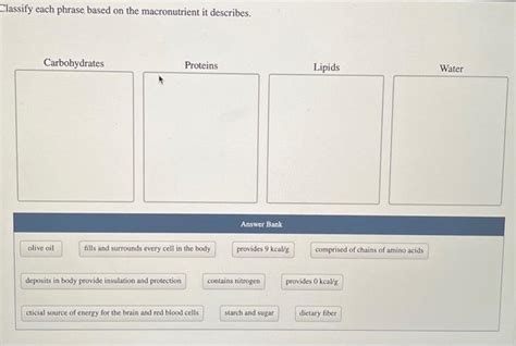 solved classify each phrase based on the macronutrient it