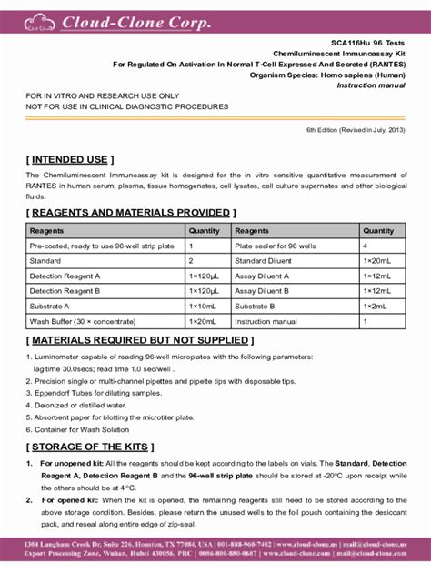 Fillable Online Clia Kit For Regulated On Activation In Normal T Cell Fax Email Print